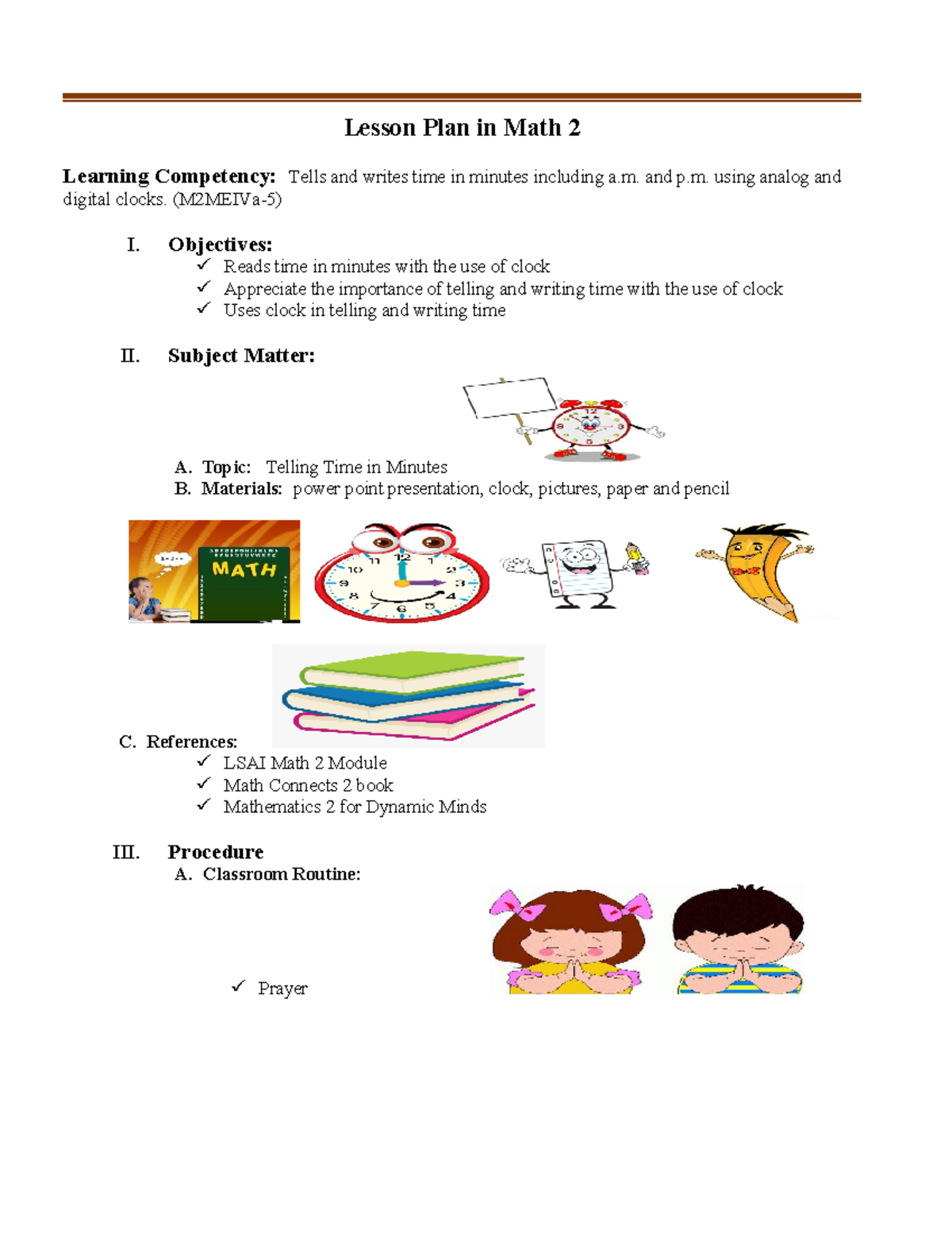 Lesson Plan for Math 2: Telling Time in Minutes (M2MEIVa-5) - Studocu