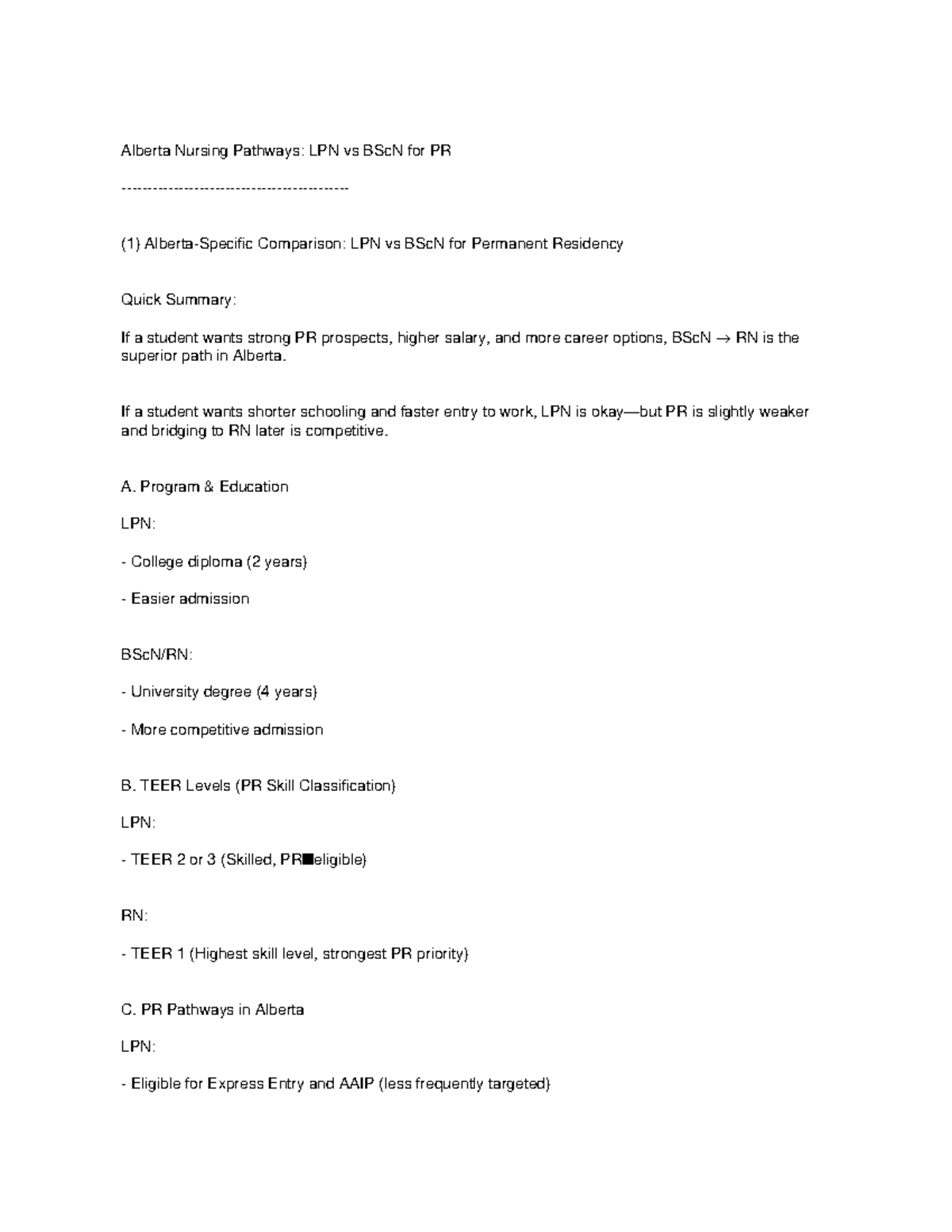 Alberta Nursing PR Guide: LPN vs BScN Pathways Comparison - Studocu