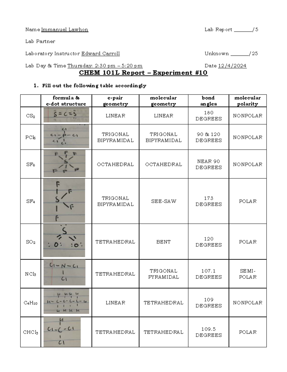 Lab Report 10-Molecular Structure and Properties - Name Immanuel Lawhon ...