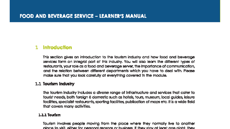 FOOD AND BEVERAGE SERVICE MANUAL: Module 1 Overview - Studocu
