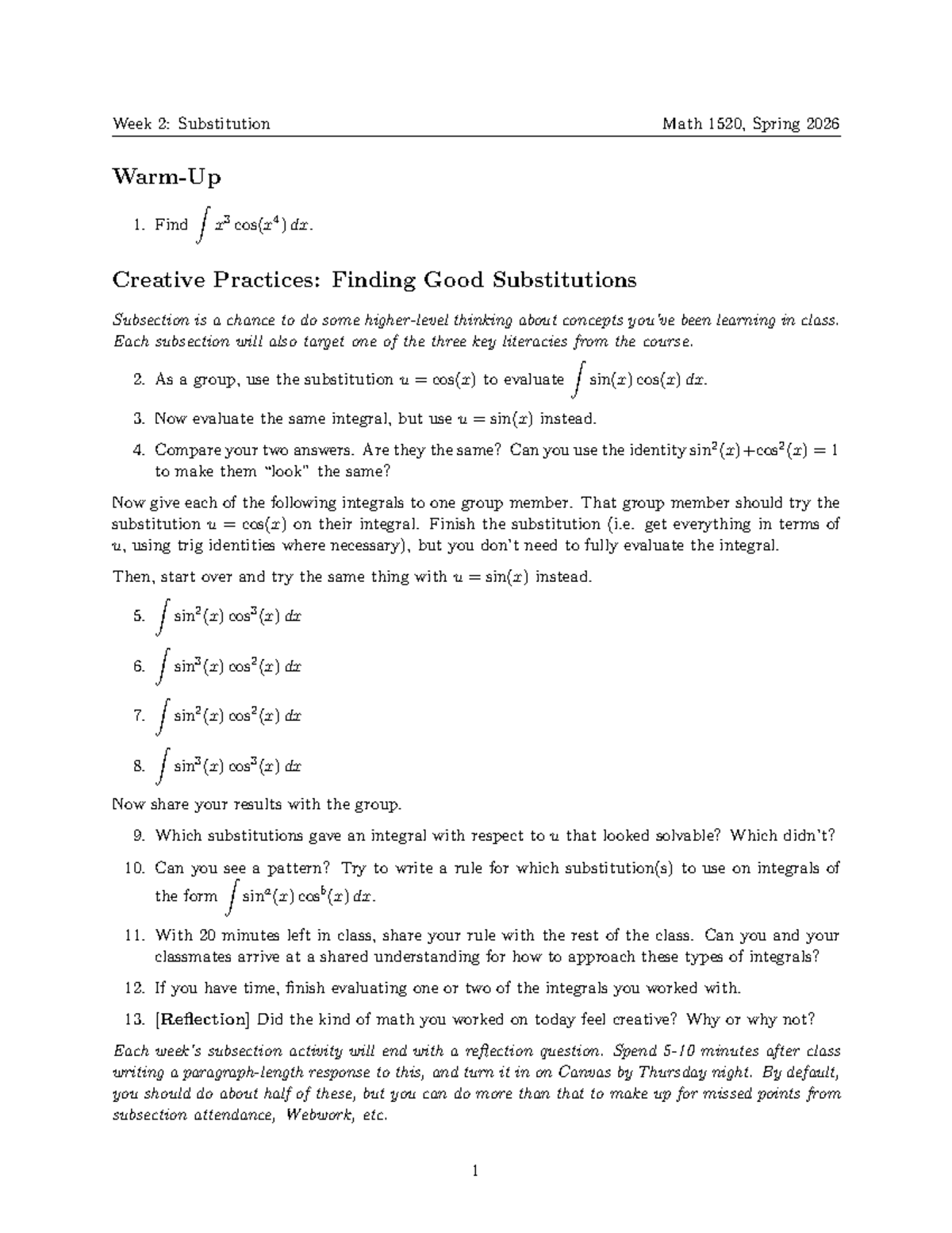 Math 1520: Week 2 Substitution Techniques & Group Activities - Studocu
