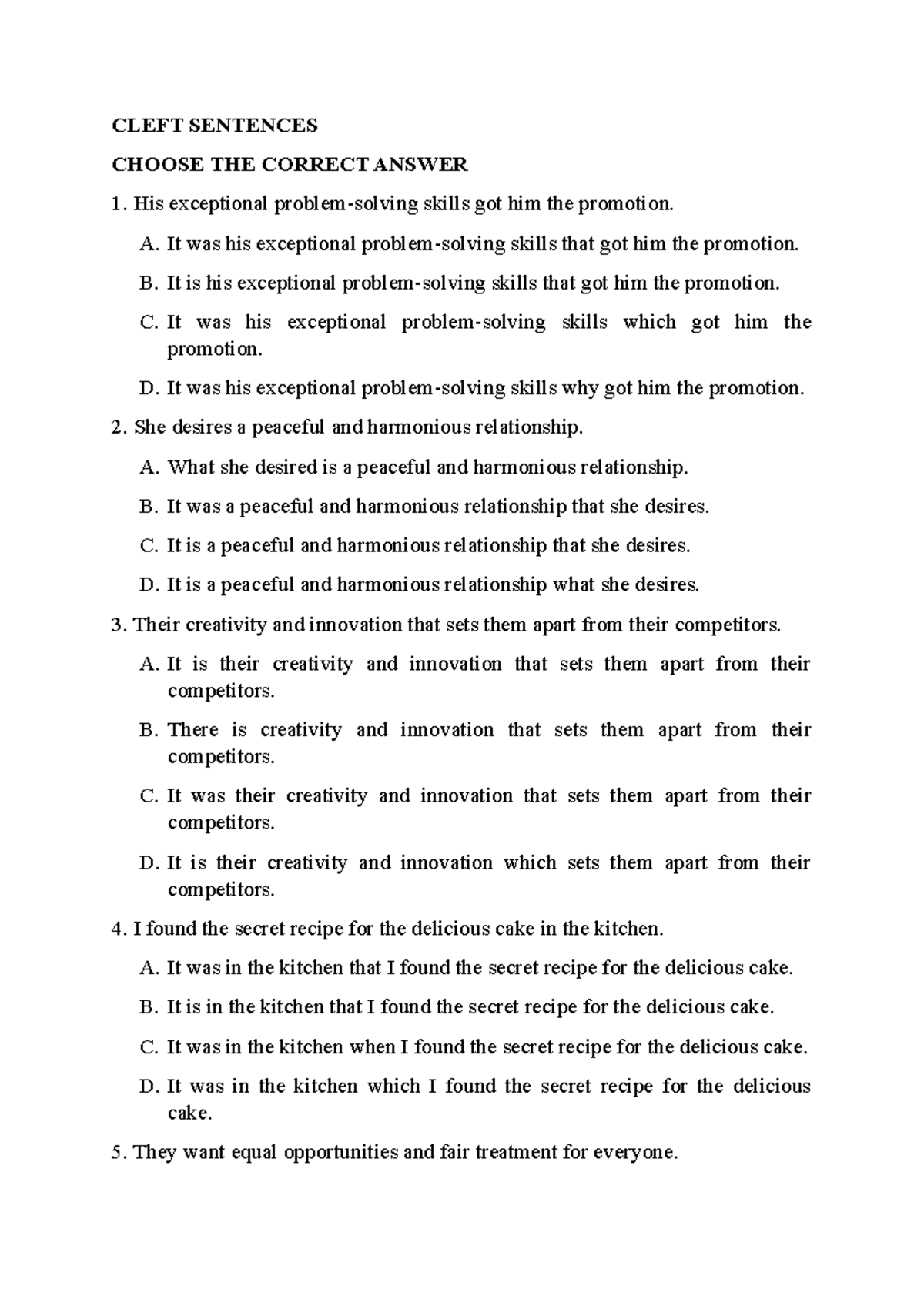 CLEFT SENTENCES: CHOOSE THE CORRECT ANSWER (ENG 101) - Studocu