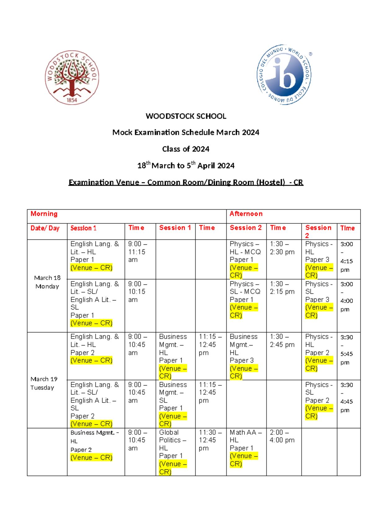 Mock Exam Schedule - March-April 2024 for Class of 2024 - Studocu