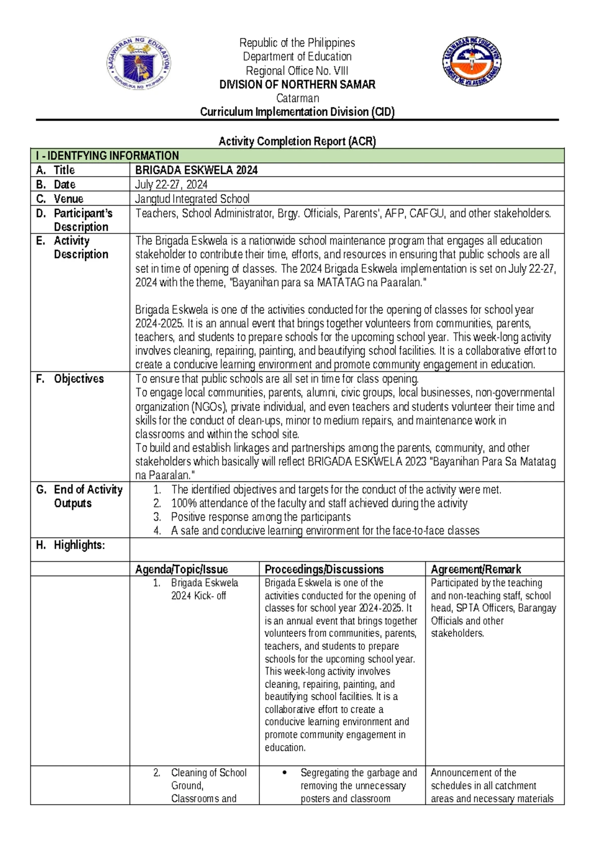 ACR- Purok Beautification Activity Completion Report - Studocu