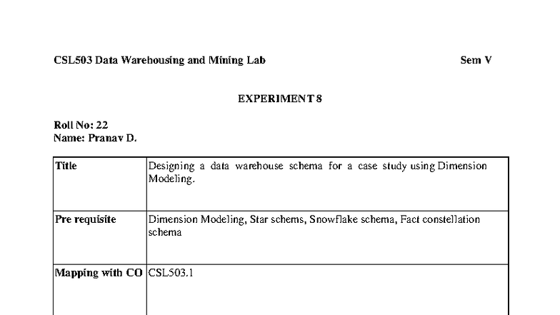 CSL503 Data Warehousing Lab Sem V: Designing a Data Warehouse Schema ...