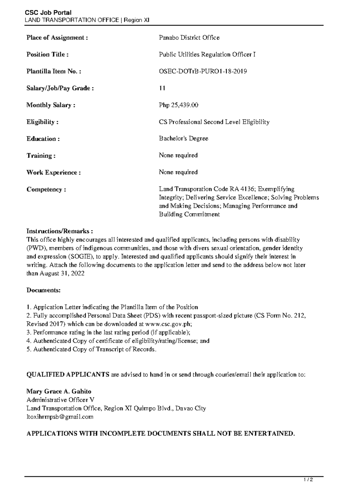 LTO Job Posting: Public Utilities Regulation Officer I Position - Studocu