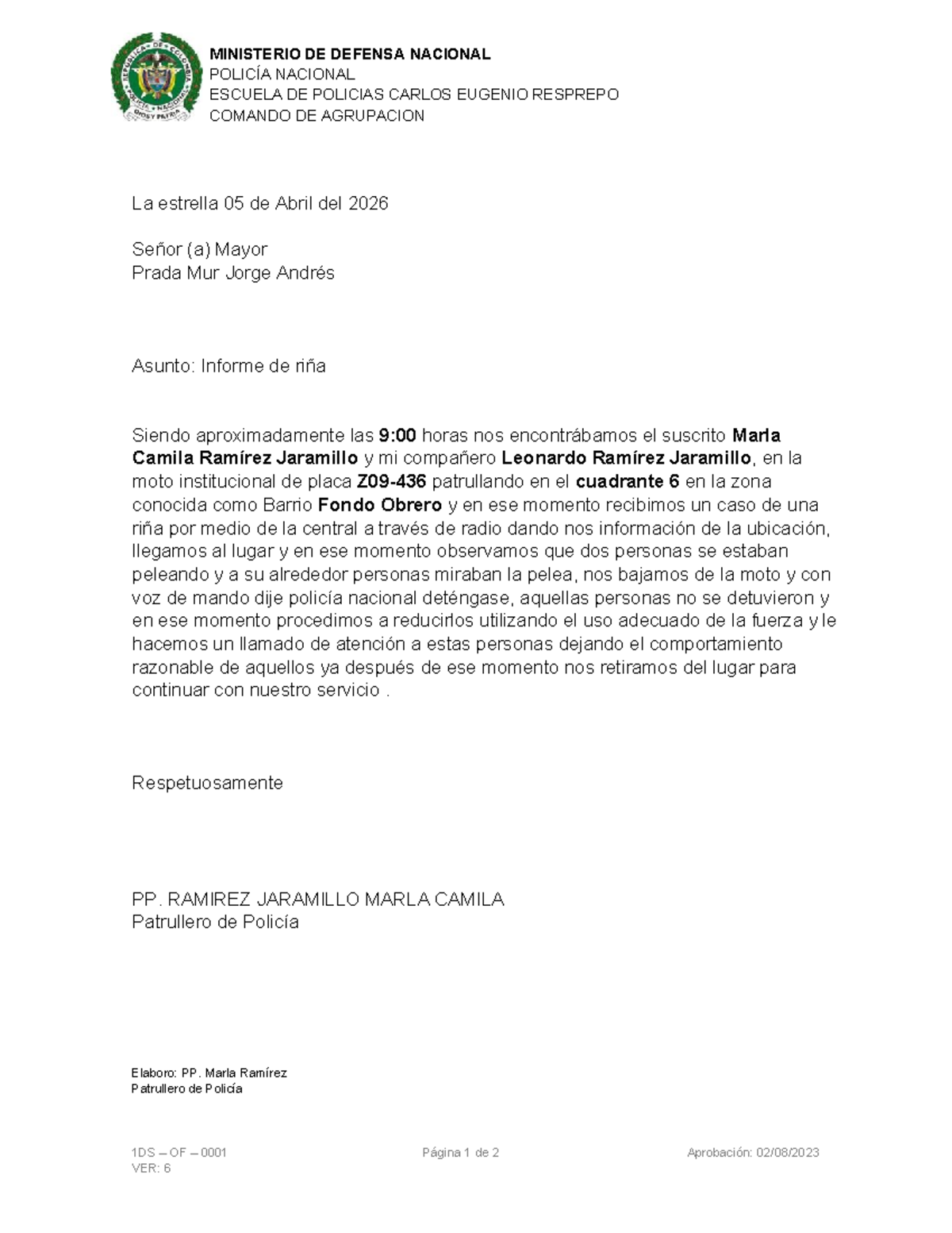 Informe de Patrullaje - Riña en Barrio Fondo Obrero - Studocu