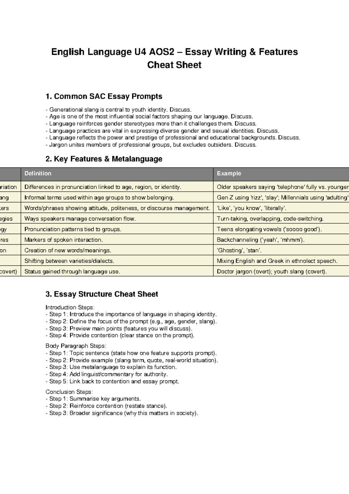 English Language U4 AOS2 Essay Writing Features Cheat Sheet 2 - Studocu