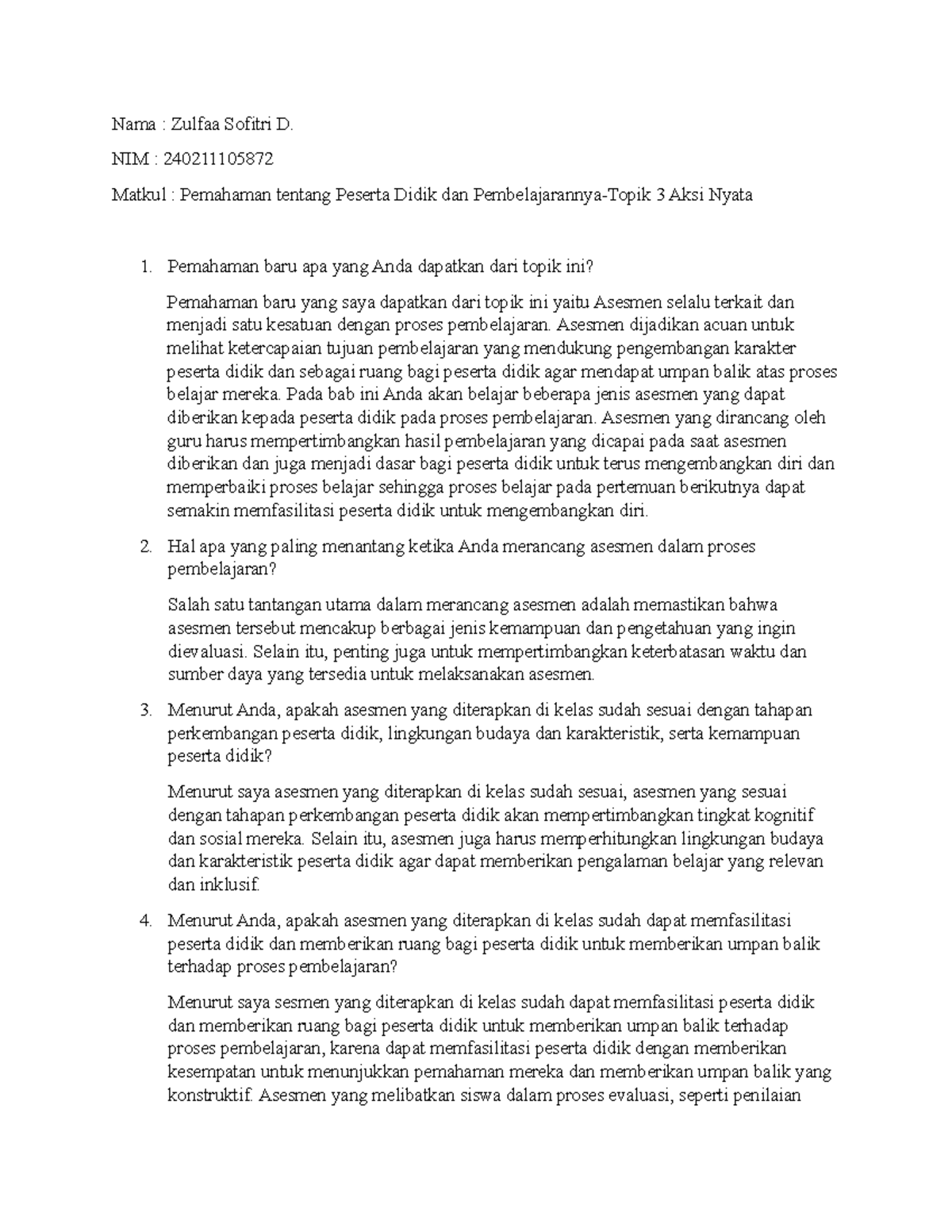 PPDP Topik 3 AKSI Nyata - pemahaman tentang peserta didik - Nama ...