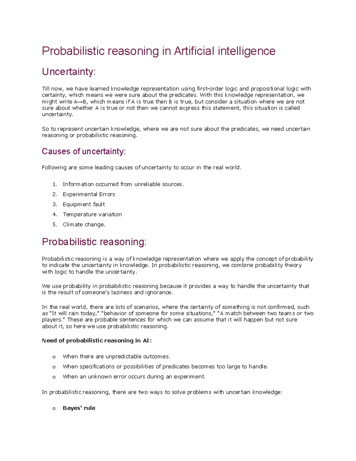 Probabilistic Reasoning in AI: Understanding Uncertainty and Bayesian Networks - Studocu