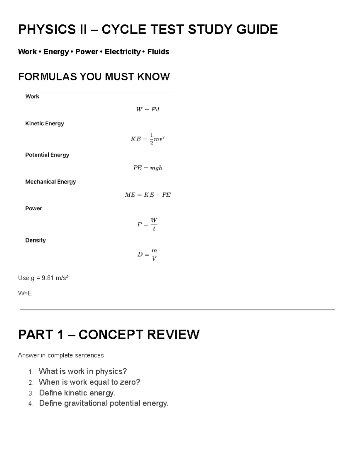 Physics II CYCLE TEST Study Guide: Work, Energy, Power & Electricity ...