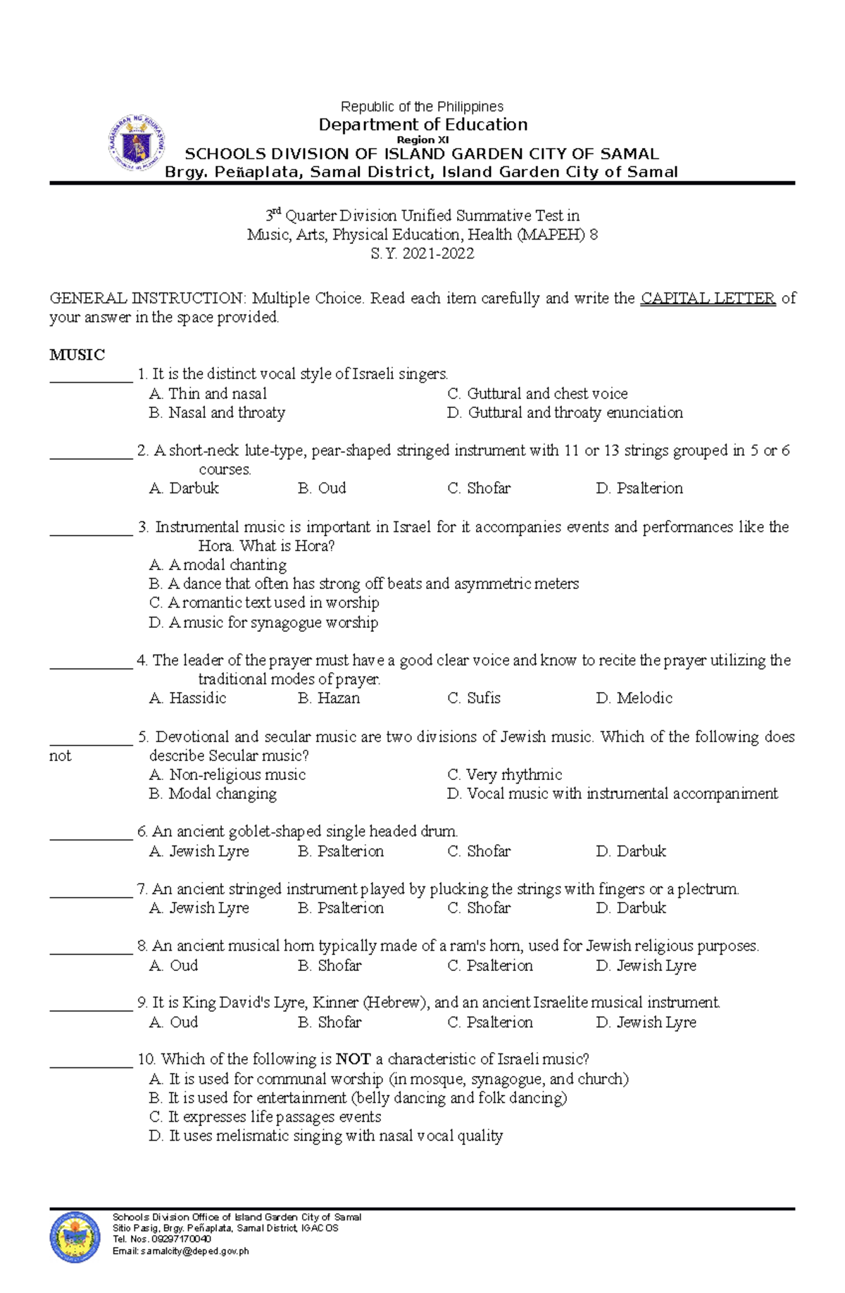 Grade 8- Mapeh-Q3-Unified Test - Republic of the Philippines Department ...