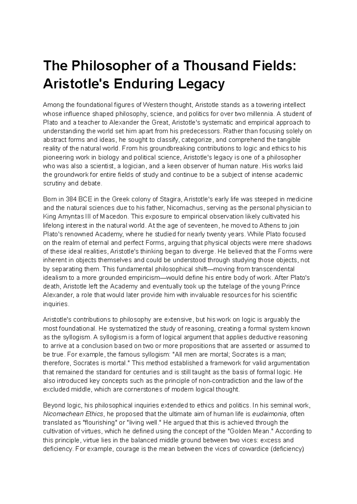 Aristotle's Enduring Legacy: Foundations of Western Thought - Studocu