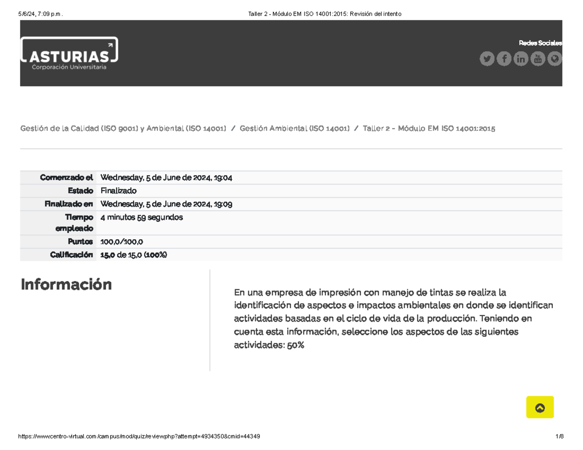 Taller 2 - Módulo EM ISO 14001: Revisión y Gestión Ambiental - Studocu