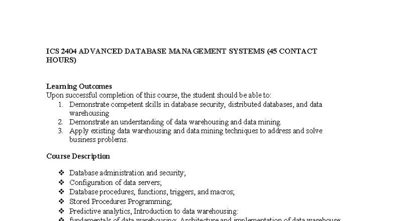 ICS 2404 Advanced Database Management Systems Course Outline - Studocu