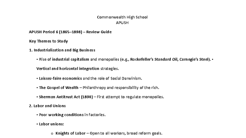 APUSH Period 6 Test Review Guide: Key Themes and Concepts - Studocu