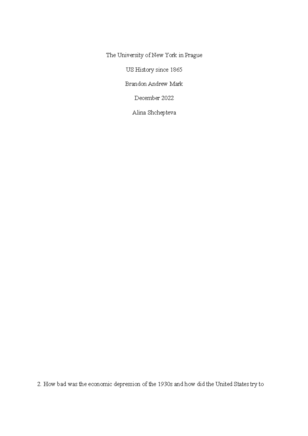 Final - US History Since 1865: The Great Depression and WWII Analysis ...