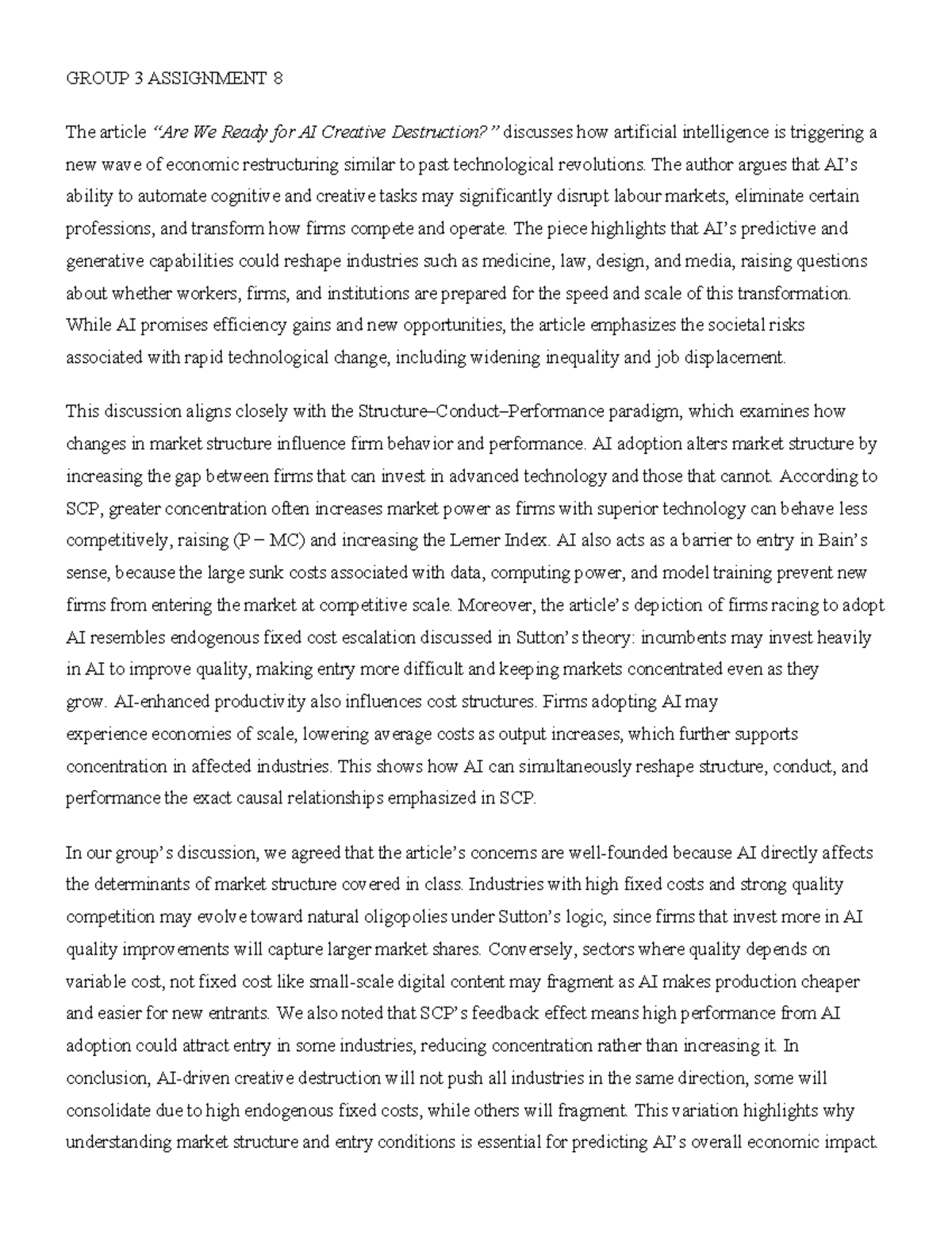 GROUP 3 ASSIGNMENT 8: AI's Impact on Market Structure and Labor - Studocu