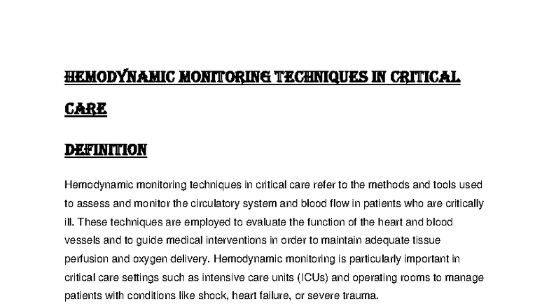 Critical Care Hemodynamic Monitoring Techniques Overview - Studocu