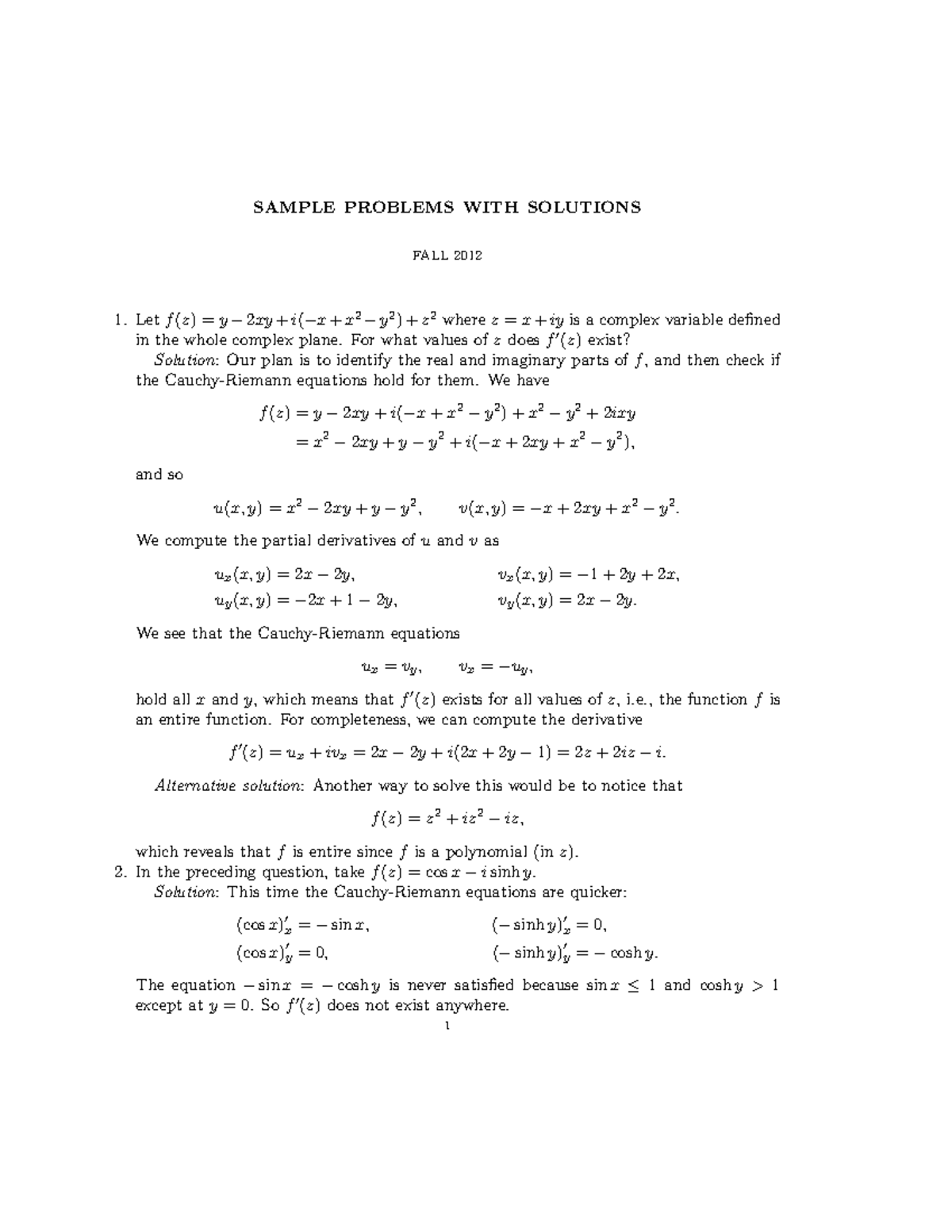 Practice Midterm Solutions for Complex Analysis (Course Code: MA123 ...
