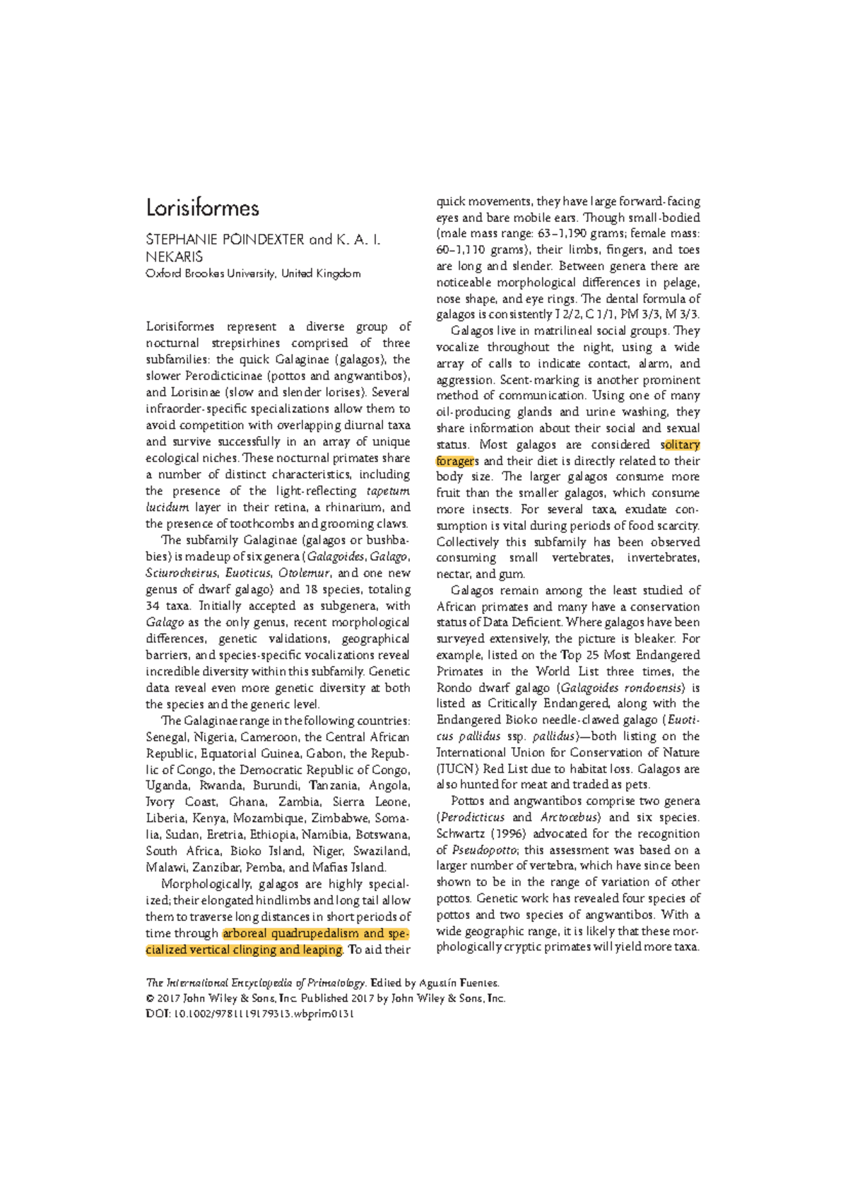 Lorisiformes: Diversity, Ecology, and Conservation Insights - Studocu