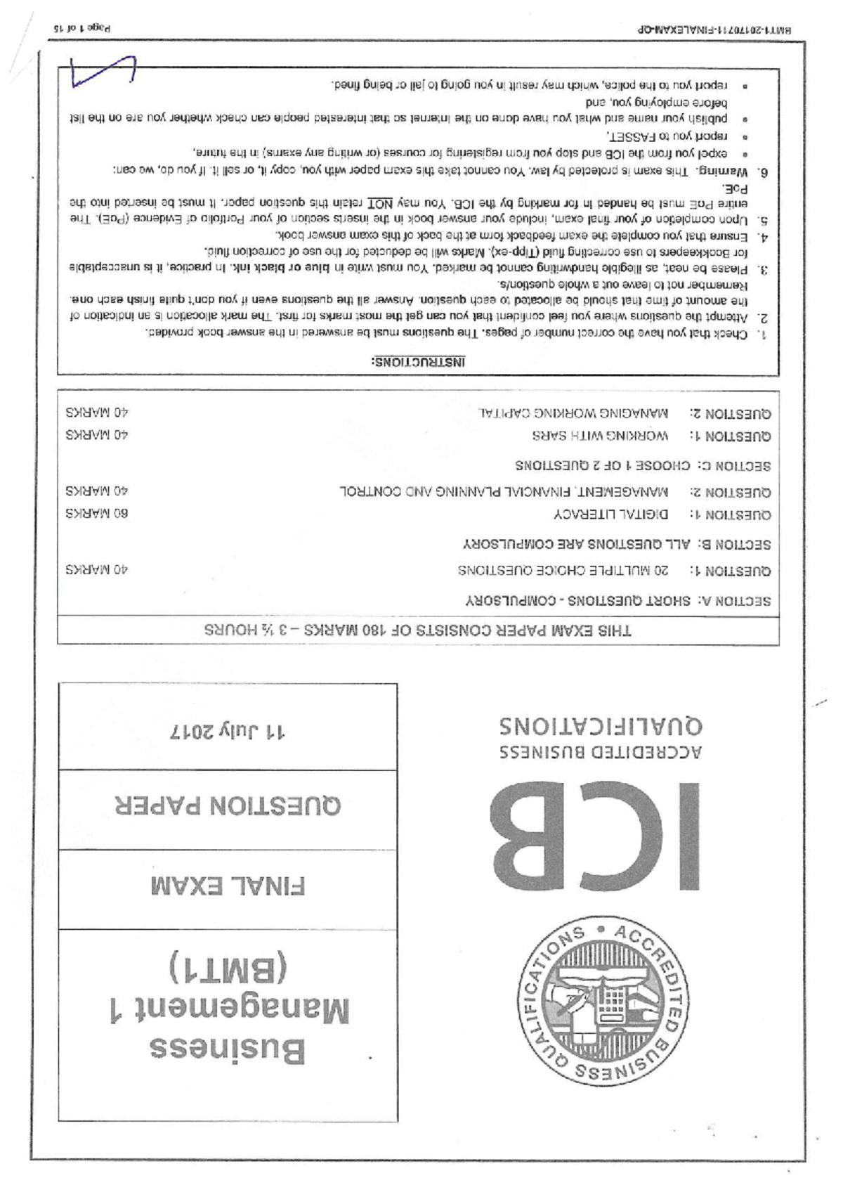 BUSINESS MANAGEMENT 1 (BMT1) FINAL EXAM QUESTION PAPER - 11 JULY 2017 - Studocu