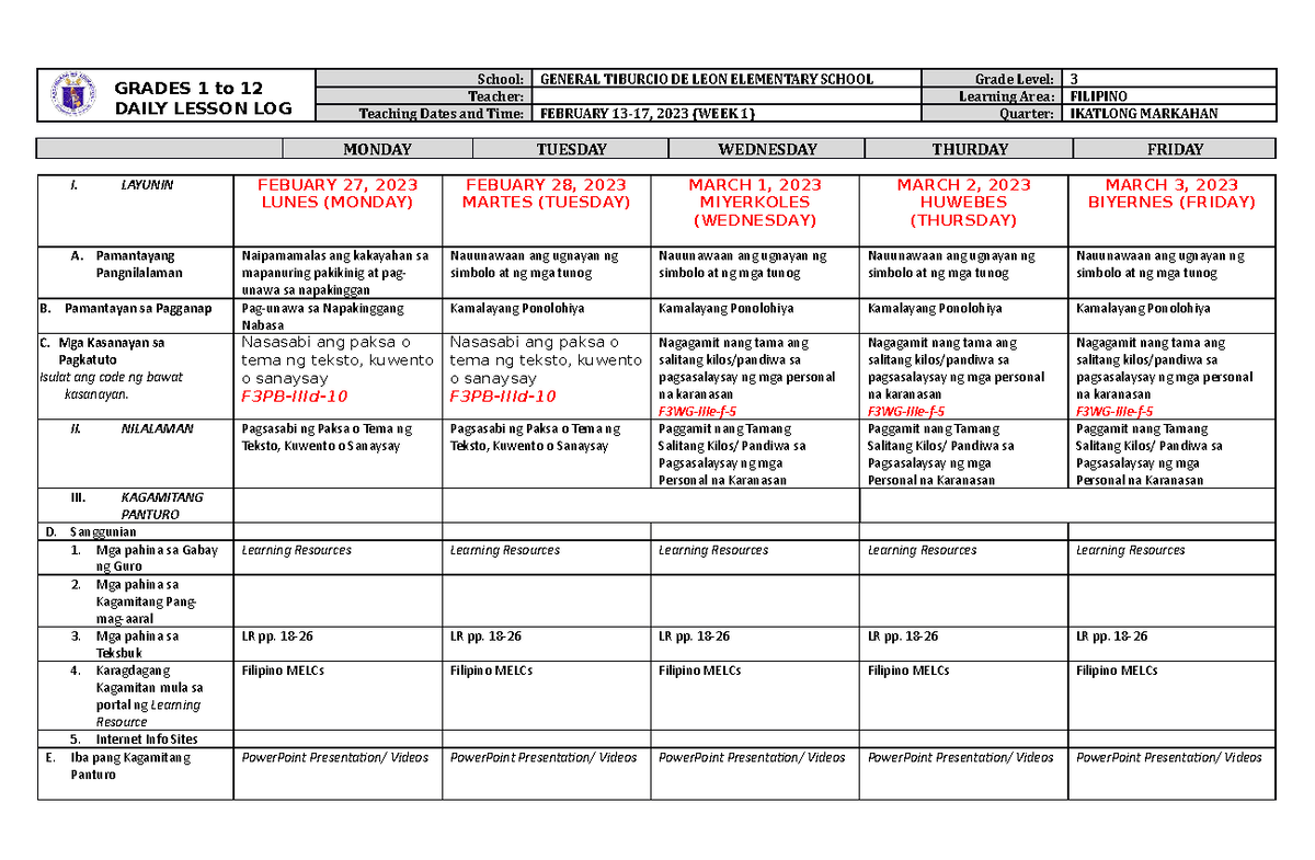 DLL Filipino 3 Q3 W3 - GRADES 1 to 12 DAILY LESSON LOG School: GENERAL TIBURCIO DE LEON ...