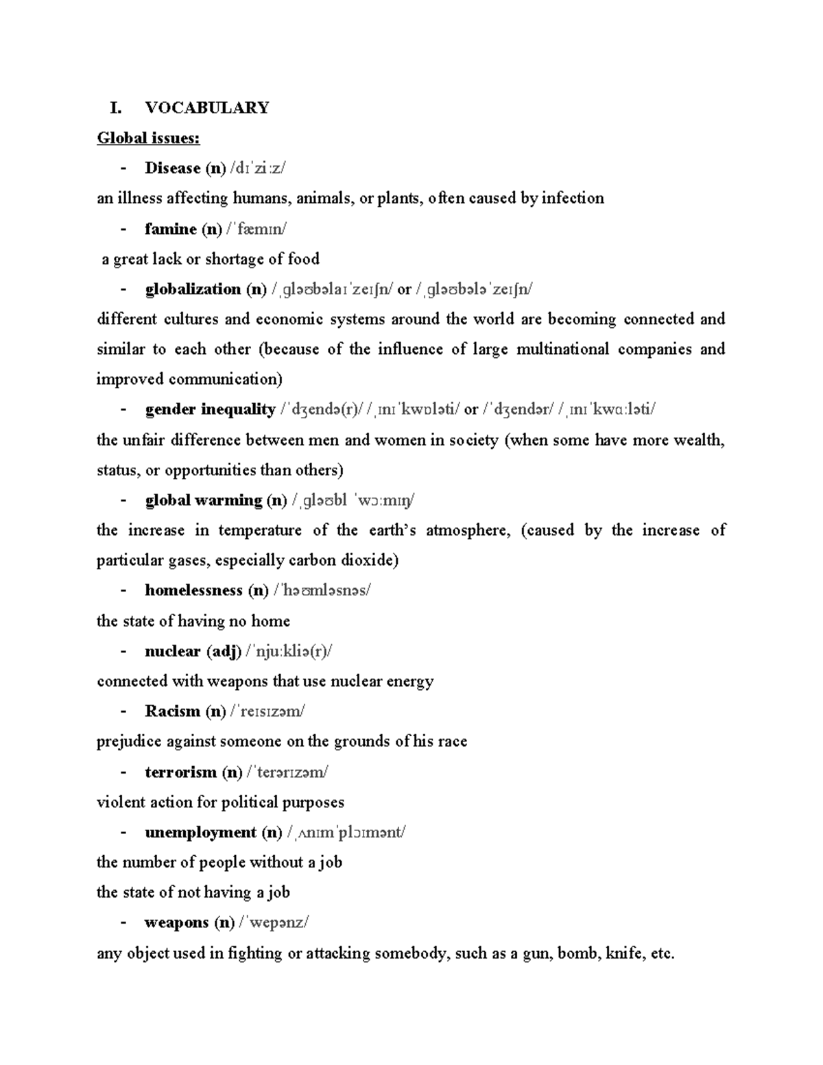 Unit 8 Vocabulary: Global Issues and Activism Terms - Studocu