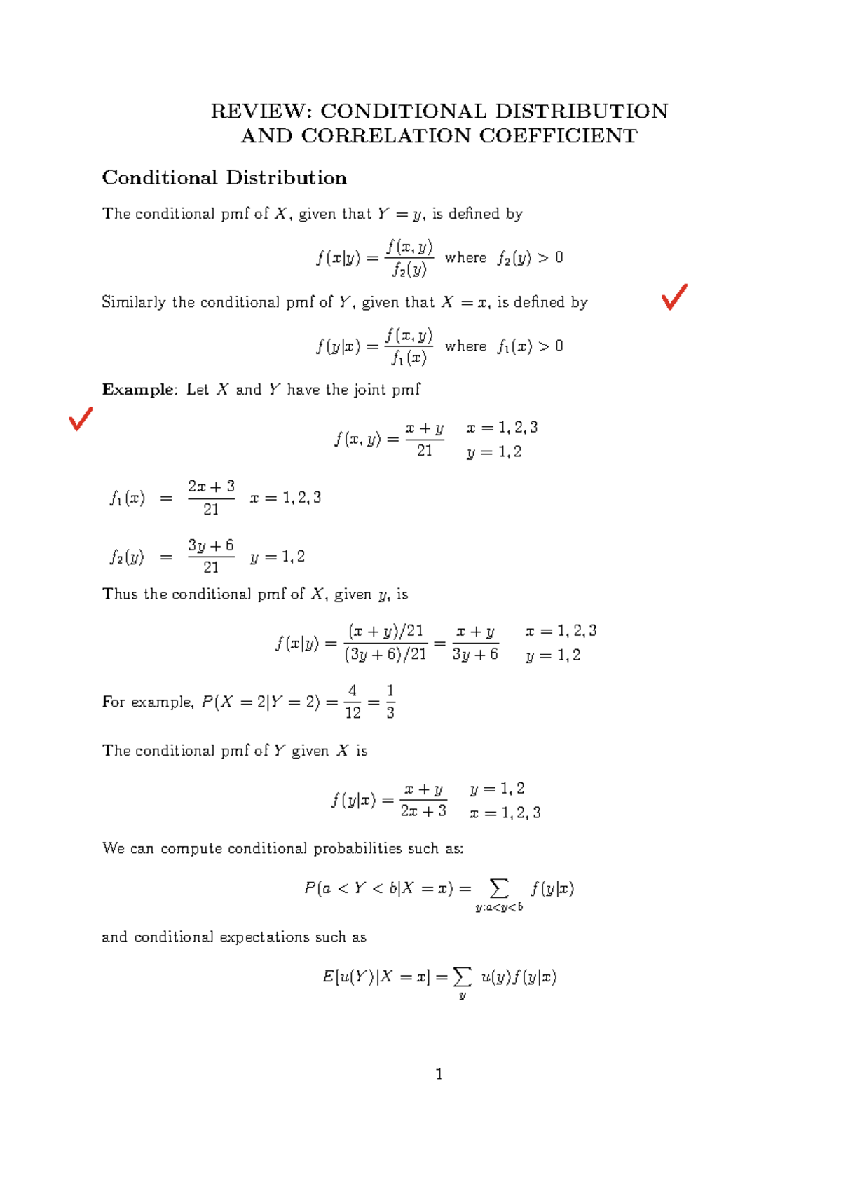 REVIEW: CONDITIONAL DISTRIBUTION & CORRELATION COEFFICIENT - Studocu