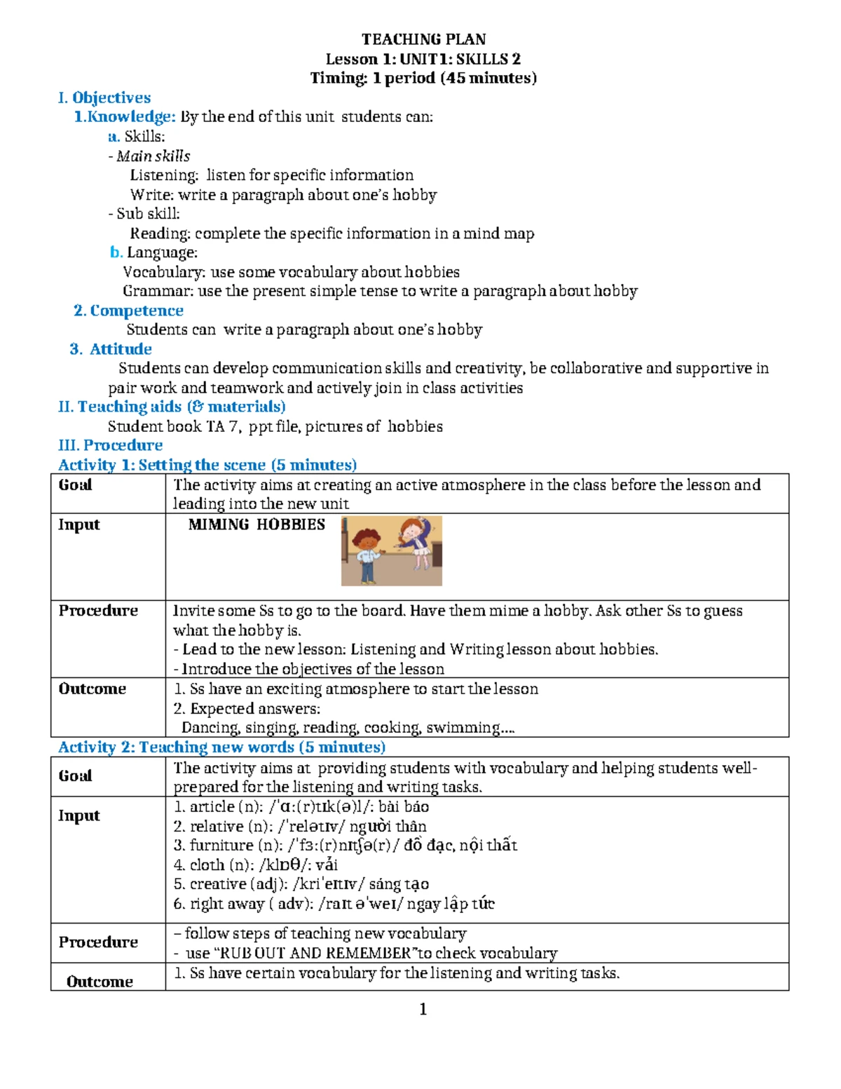 UNIT 1 Period 5 Skills 1 - good for teacher - TEACHING PLAN Lesson 1 ...