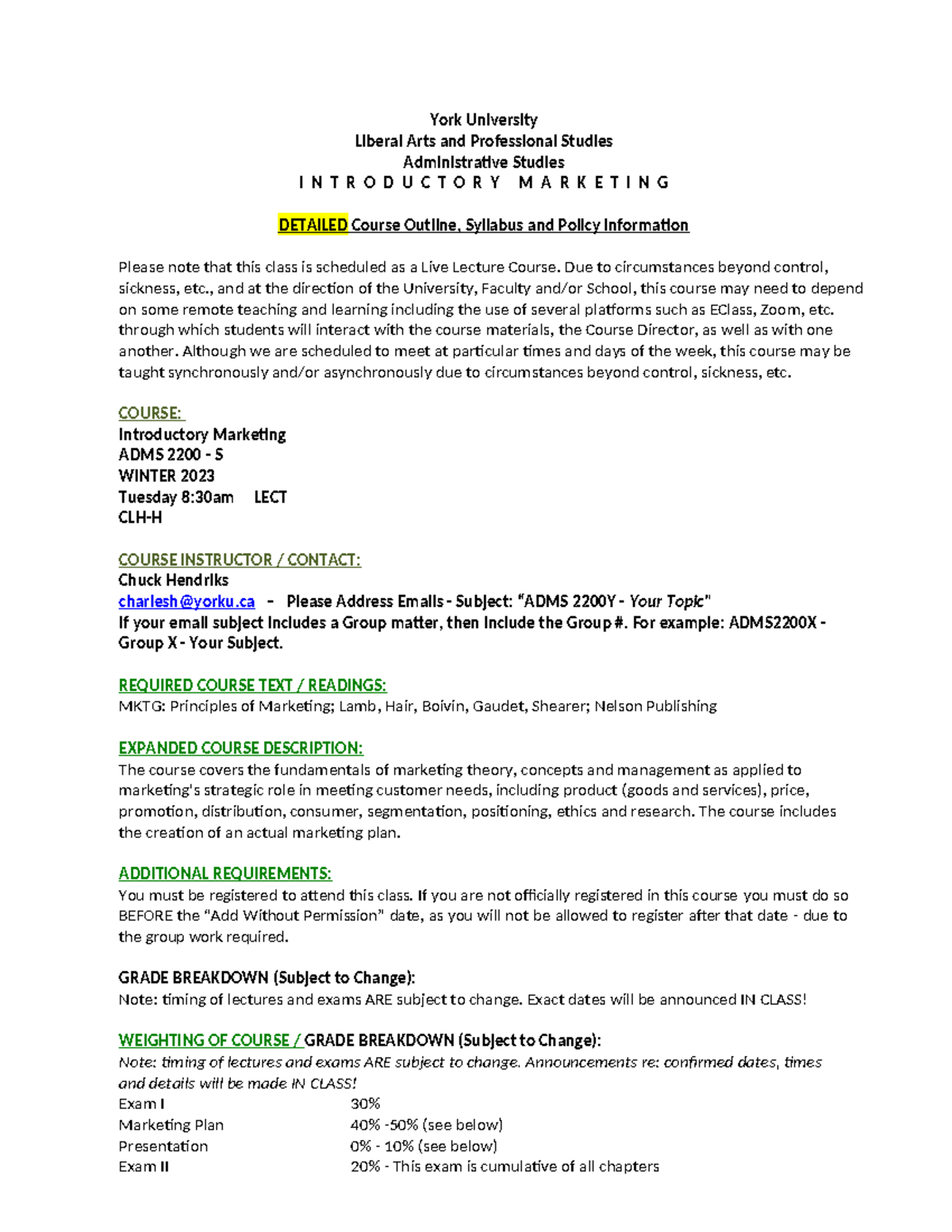 ADMS 2200S Introductory Marketing Course Outline - Winter 2023 - Studocu