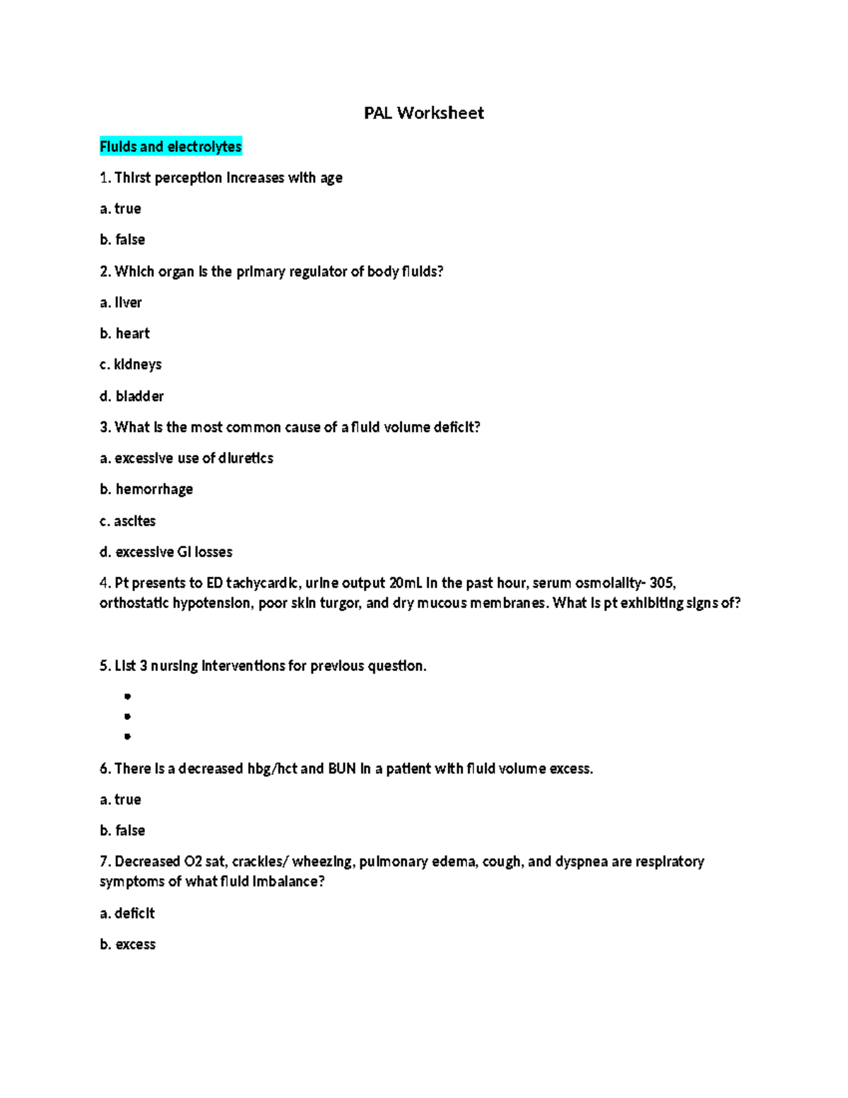 Nursing PAL Worksheet: Fluids, Electrolytes, and Cardiac Concepts - Studocu