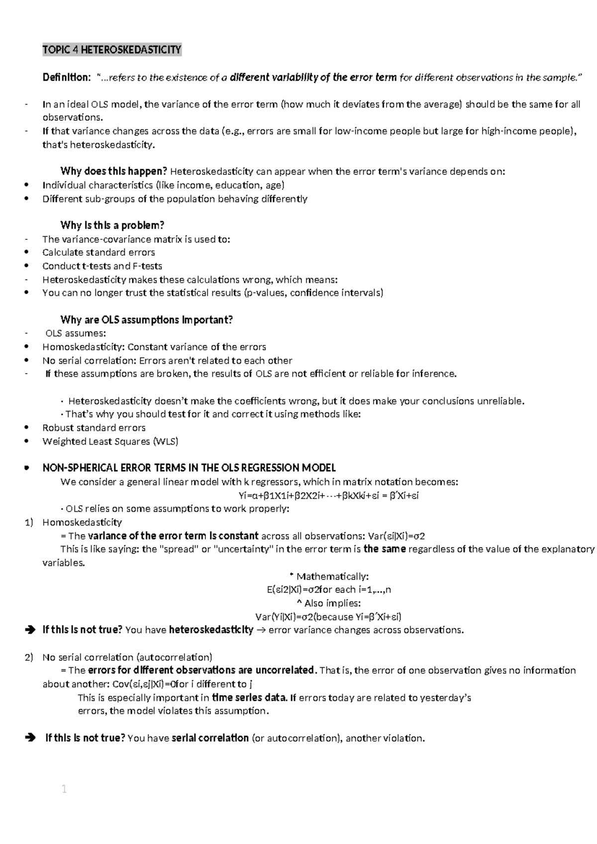 Topic 4: Understanding Heteroskedasticity in OLS Regression Models - Studocu