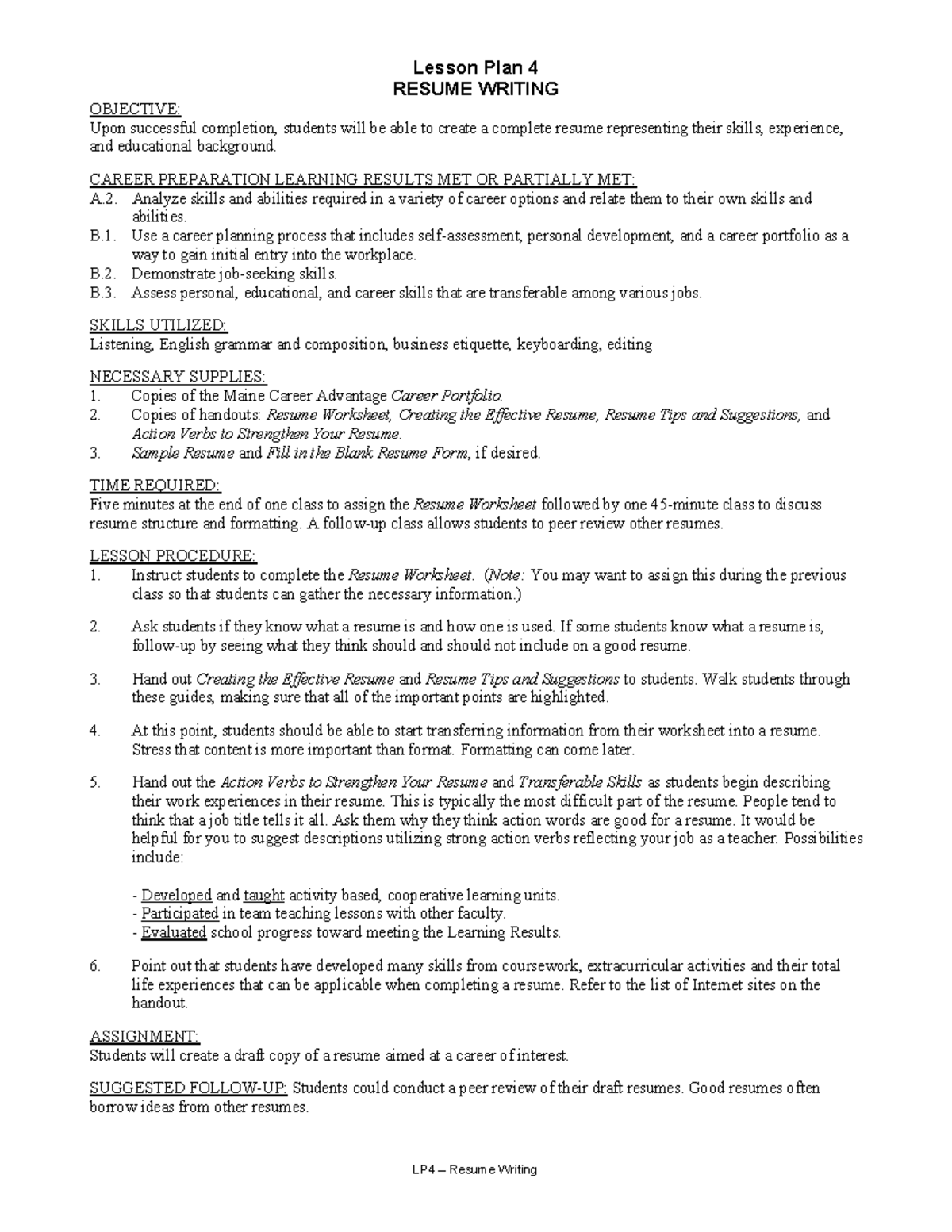 Resume Writing Guide - Lesson Plan for Career Preparation - Studocu