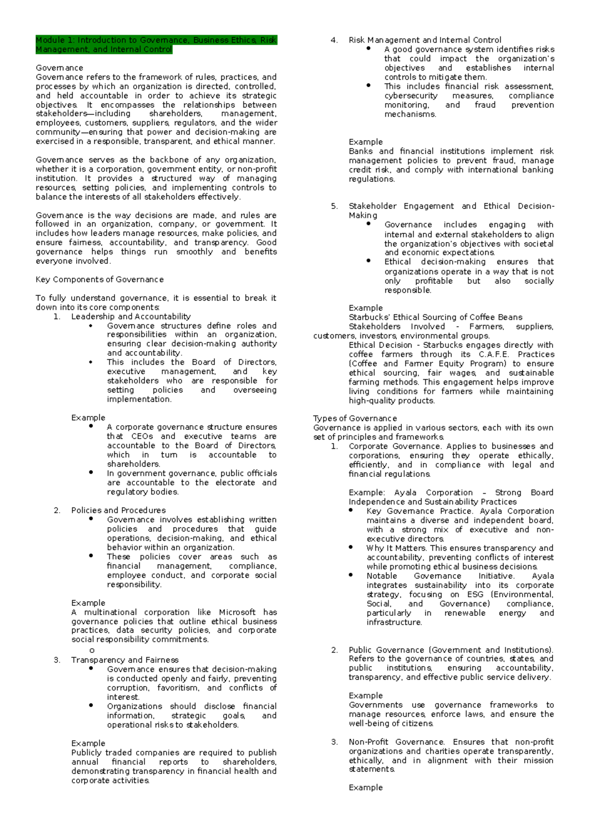 Module 1: Governance, Business Ethics, Risk Management & Internal Control - Studocu