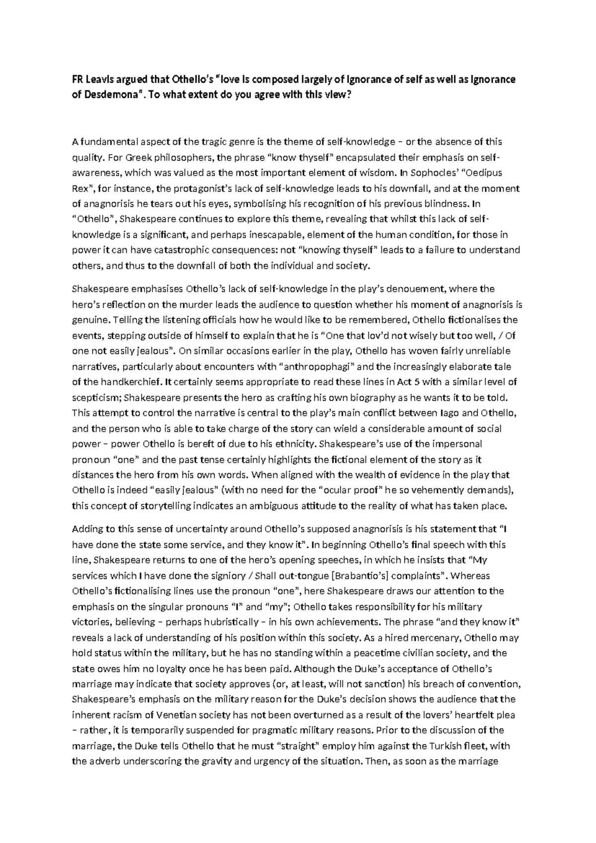 Othello AQA A Level English Literature B - Practice Questions Analysis ...