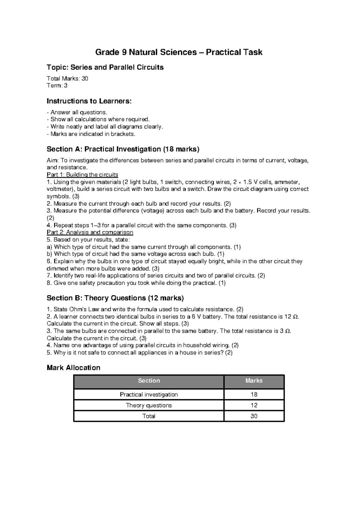 Grade 9 Natural Sciences Practical Task: Series & Parallel Circuits ...