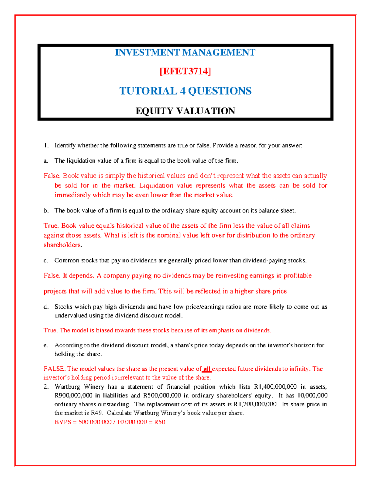 Investment Management Tutorial 4 Qns & Solutions [EFET3714] - Studocu