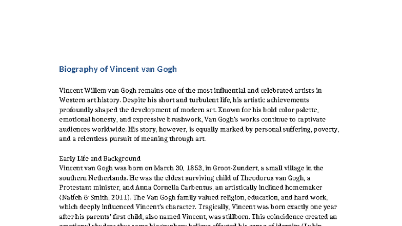 Vincent van Gogh: A Biography of Struggles and Masterpieces - Studocu