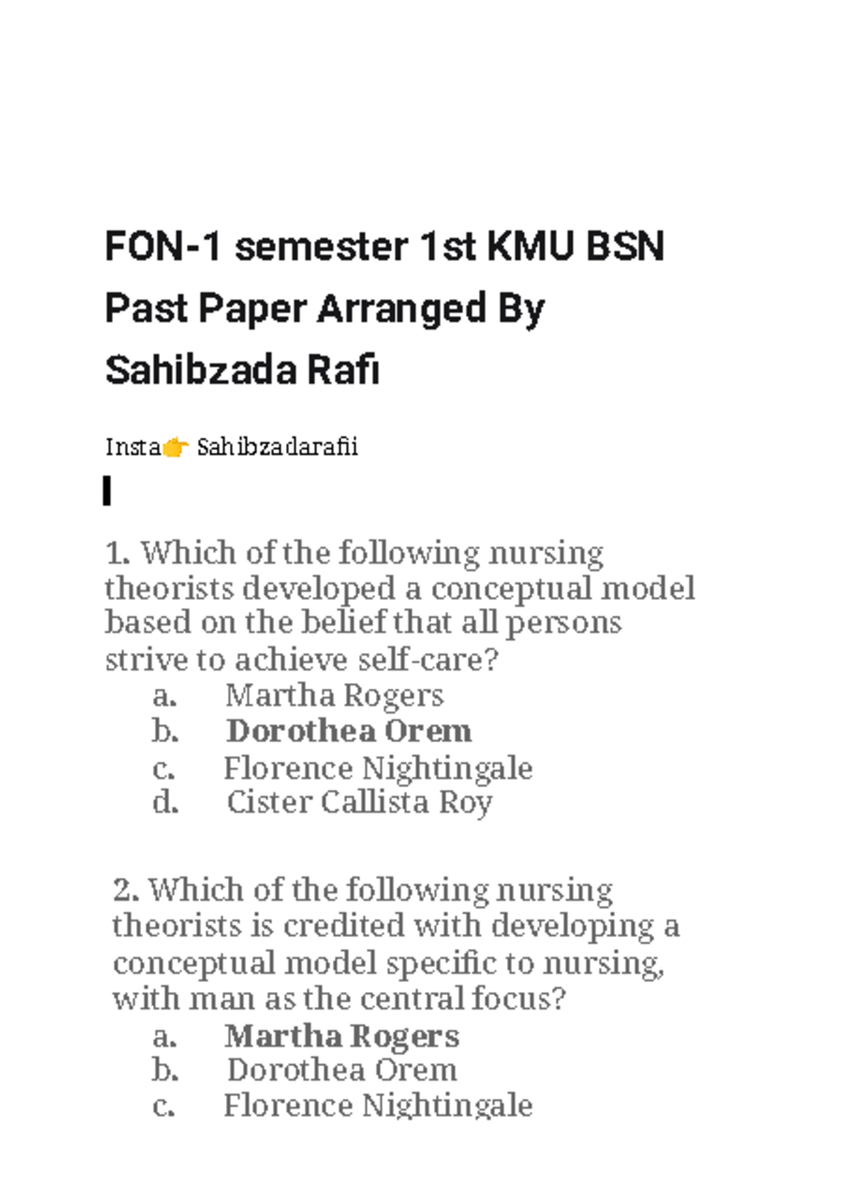 FON 1 KMU BSN Semester 1 Past Paper Review by Sahibzada Rafi - Studocu