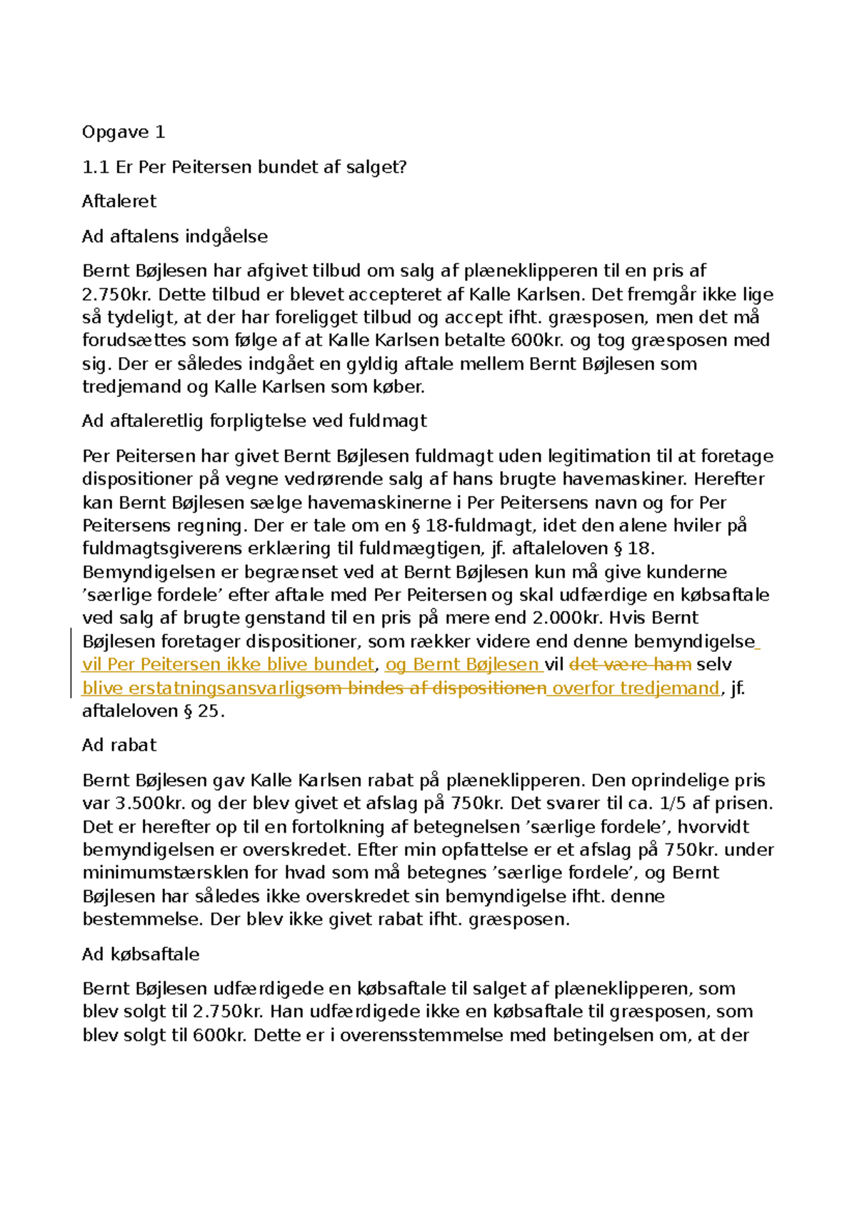 Opgave 1: Aftaleret og Køberet - EK Øvelsesopgave 1 - Studocu