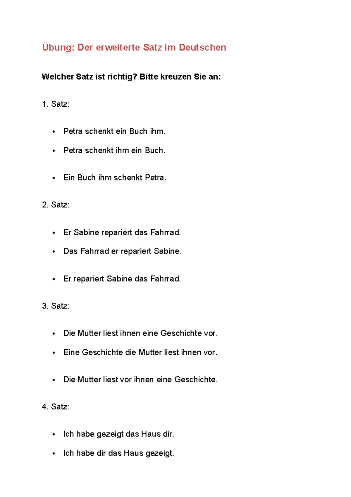 2 Übung Satzbau: Der erweiterte Satz im Deutschen - Studocu