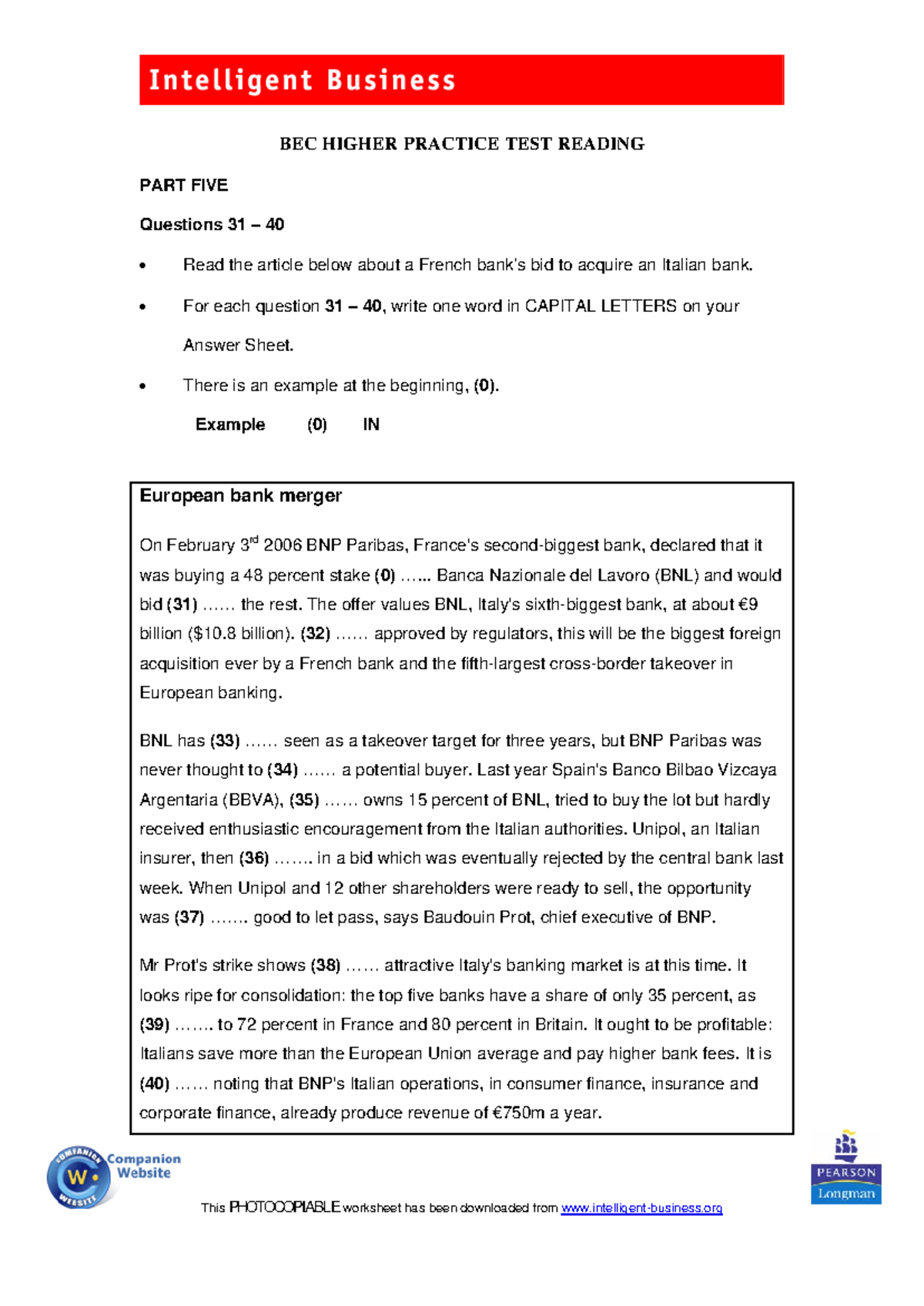 BEC Higher Practice Test: Reading Part 5 - Bank Acquisition Article ...