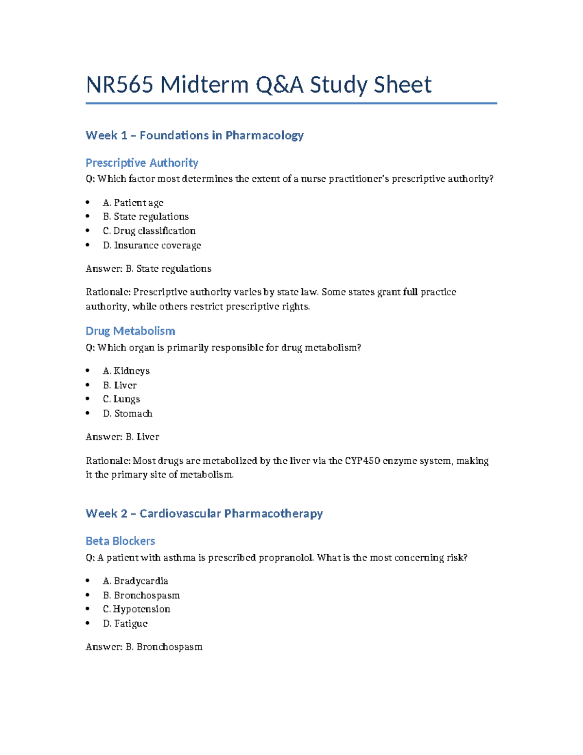 NR565 Midterm Study Sheet: Pharmacology Q&A for Weeks 1-3 - Studocu