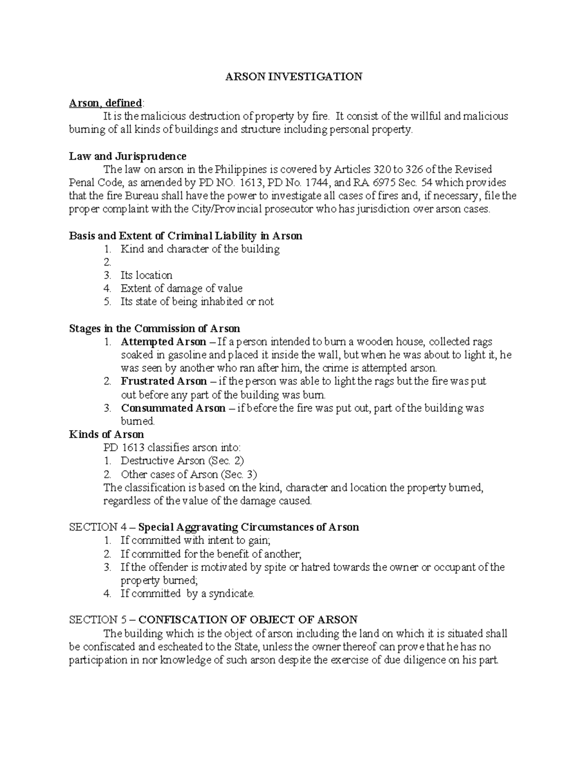 Arson Investigation - lecture notes - ARSON INVESTIGATION Arson ...