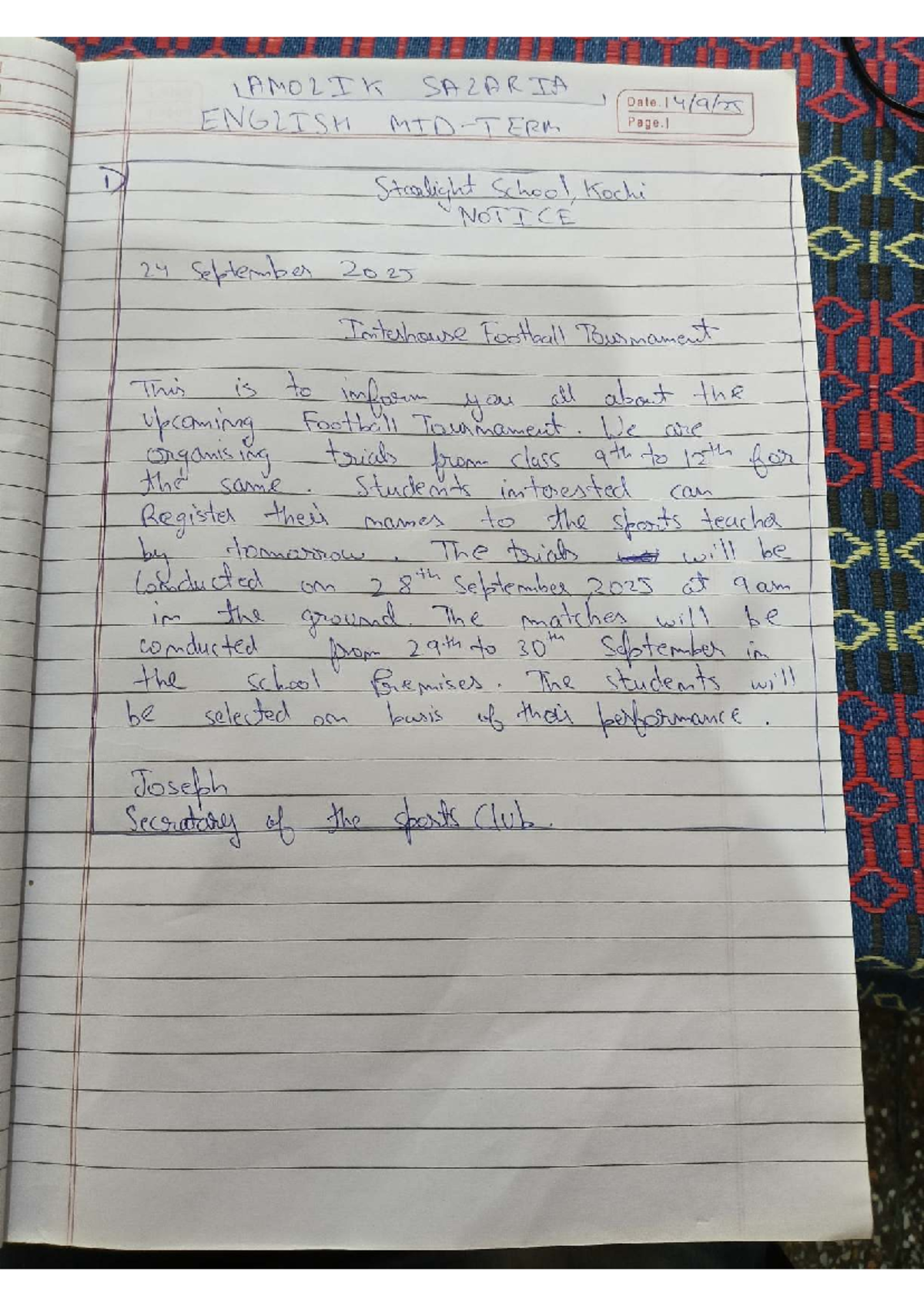 English Midterm Exam: Interhouse Football Tournament & Annual Book Fair ...