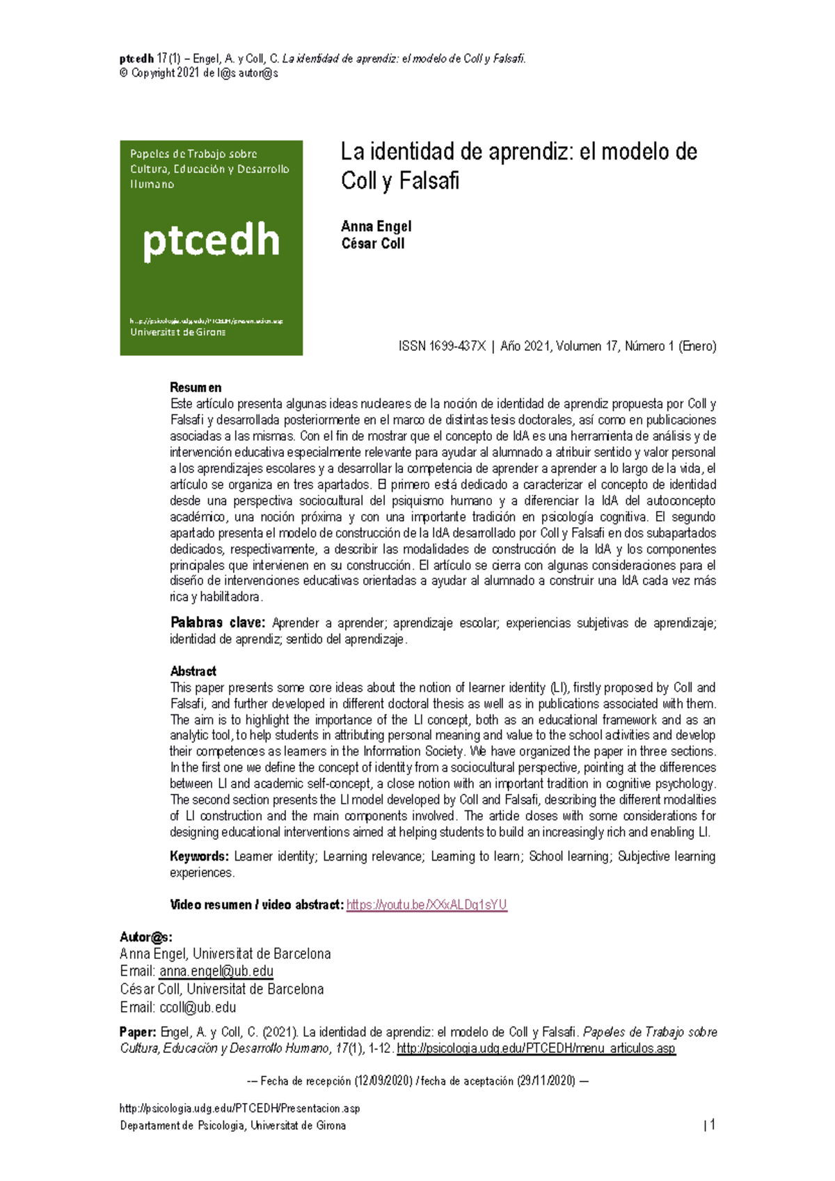 ptcedh 17(1) La Identidad de Aprendiz: Modelo de Coll y Falsafi - Studocu