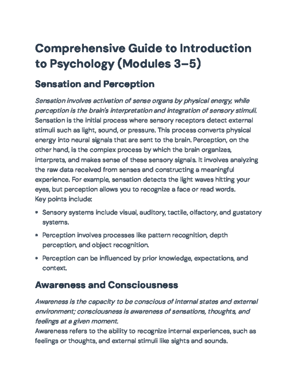 Comprehensive Guide to Introductory Psychology (Modules 3–5, PSY-1010 ...