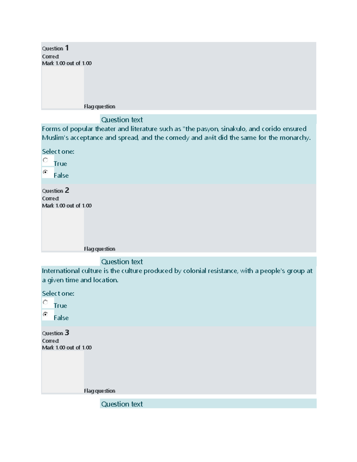 Pdfcoffee - philippine-popular-culture QUIZ - Question 1 Correct Mark 1 out of 1. Flag question ...