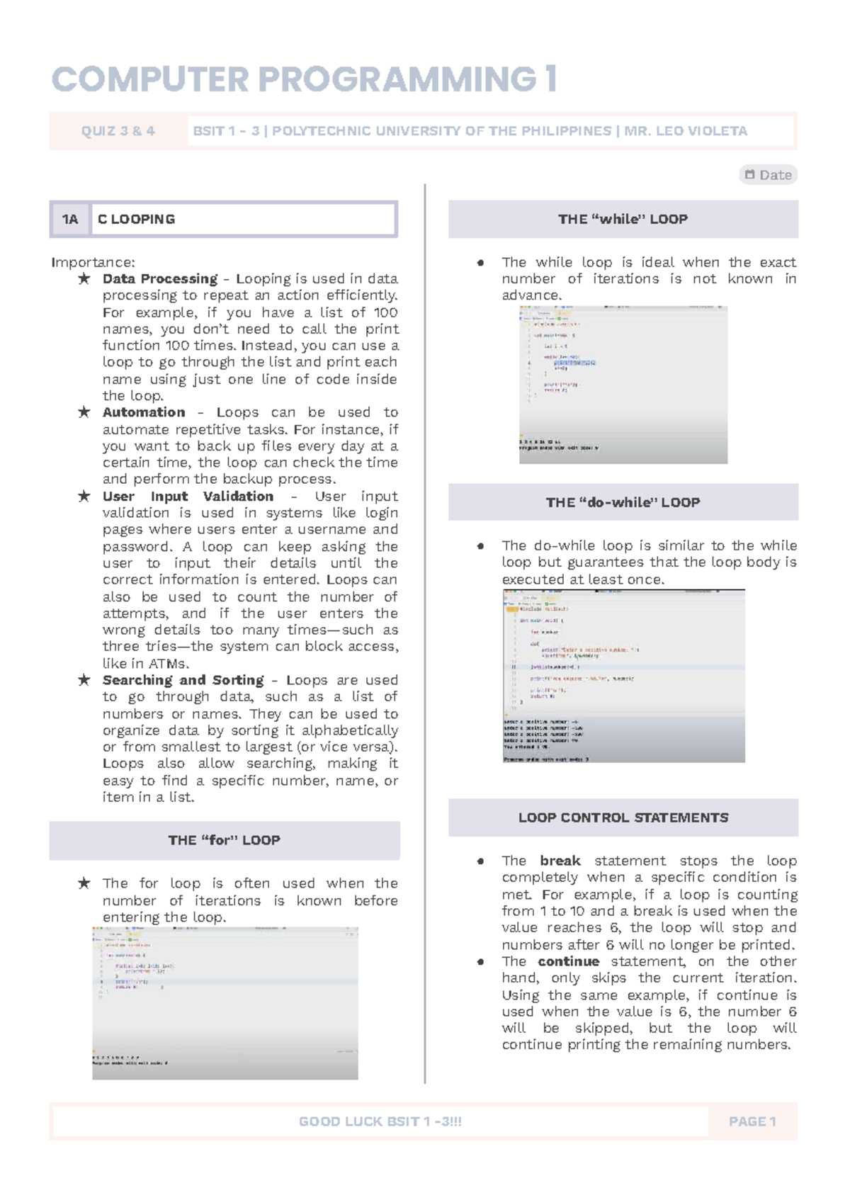COMPUTER PROGRAMMING 1 QUIZ 3 4 BSIT 1 3: LOOPING, ARRAYS & STRINGS - Studocu